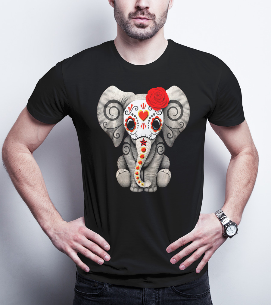 Sugar Skull Elephant With Red Rose Day Of The Dead T-Shirt
