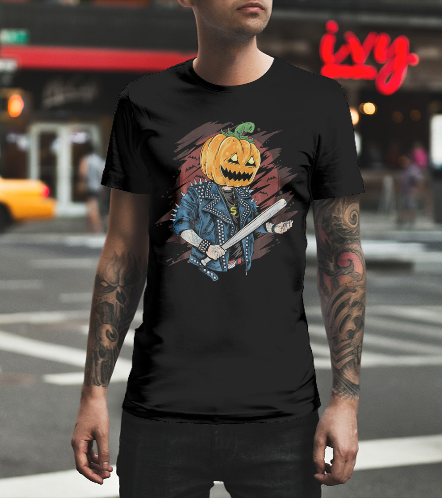 Punk Rocker Metalhead Pumpkin With Spiked Jacket And Baseball Bat T-Shirt