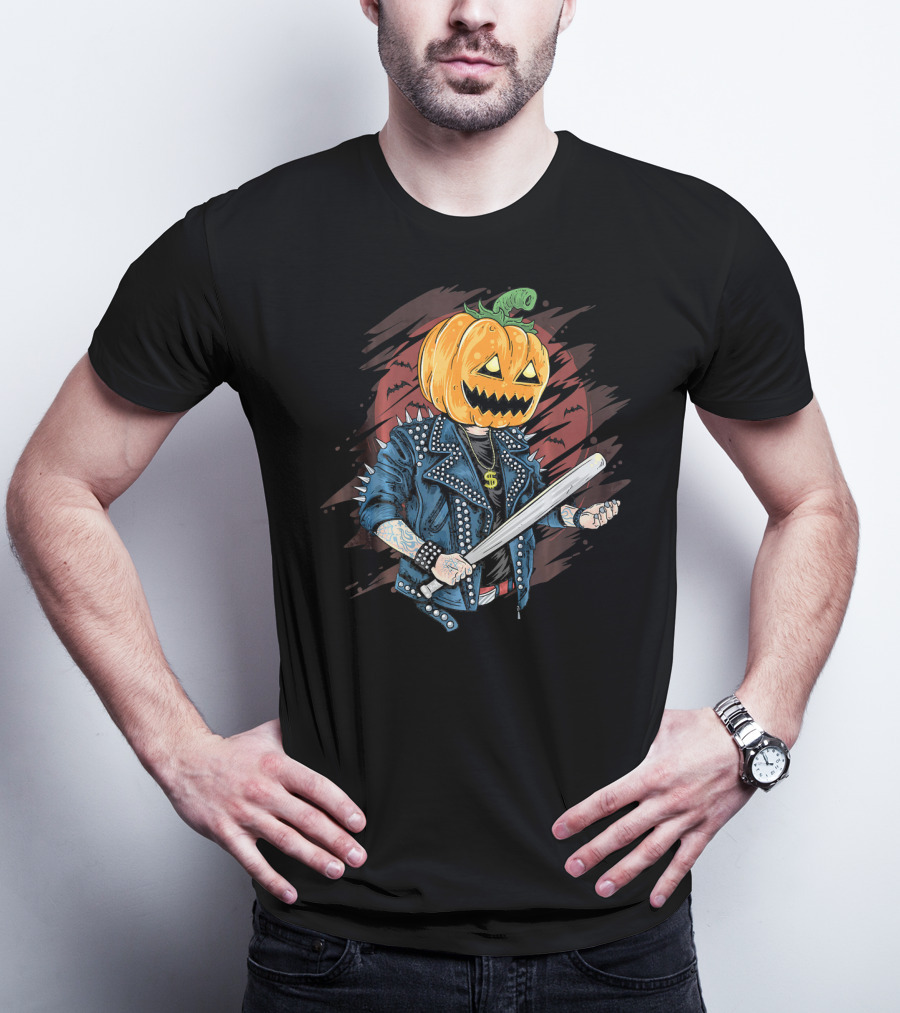 Punk Rocker Metalhead Pumpkin With Spiked Jacket And Baseball Bat T-Shirt