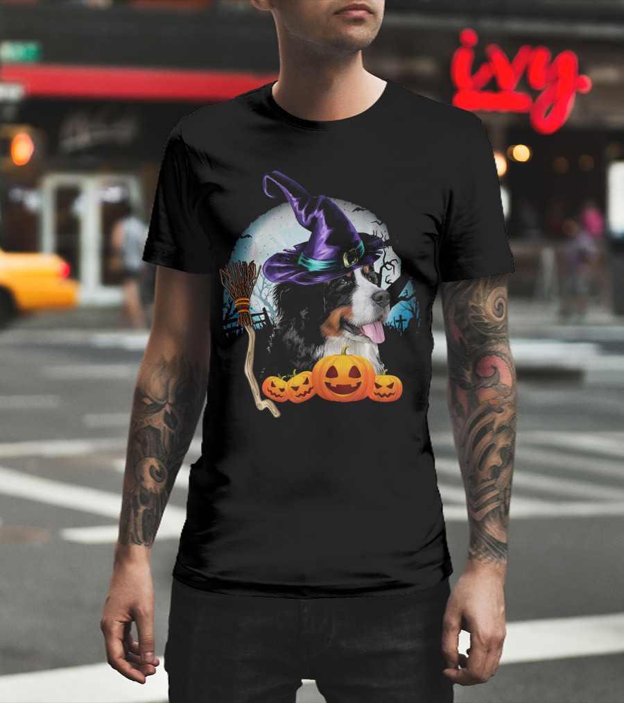 Bernese Mountain Dog In Witch Hat With Pumpkins And Broomstick Halloween Scene T-Shirt