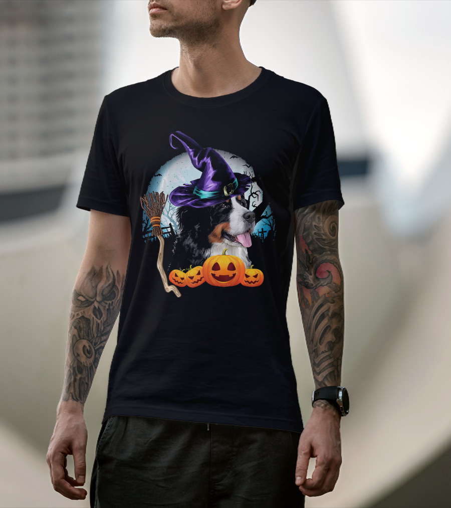 Bernese Mountain Dog In Witch Hat With Pumpkins And Broomstick Halloween Scene T-Shirt