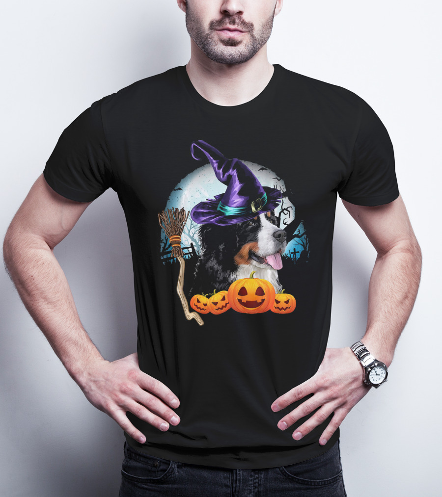 Bernese Mountain Dog In Witch Hat With Pumpkins And Broomstick Halloween Scene T-Shirt