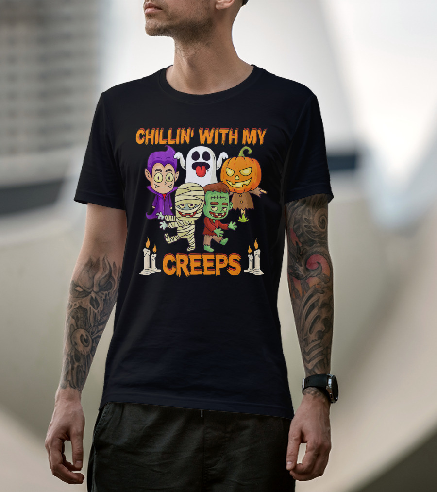Chillin With My Creeps Ghost Mummy Frankenstein Vampire Pumpkin Candles T-Shirt