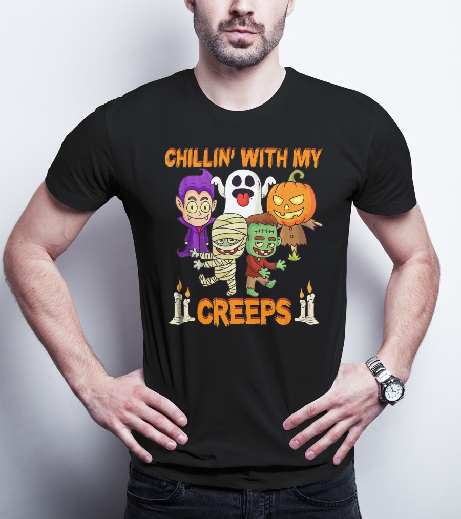 Chillin With My Creeps Ghost Mummy Frankenstein Vampire Pumpkin Candles T-Shirt