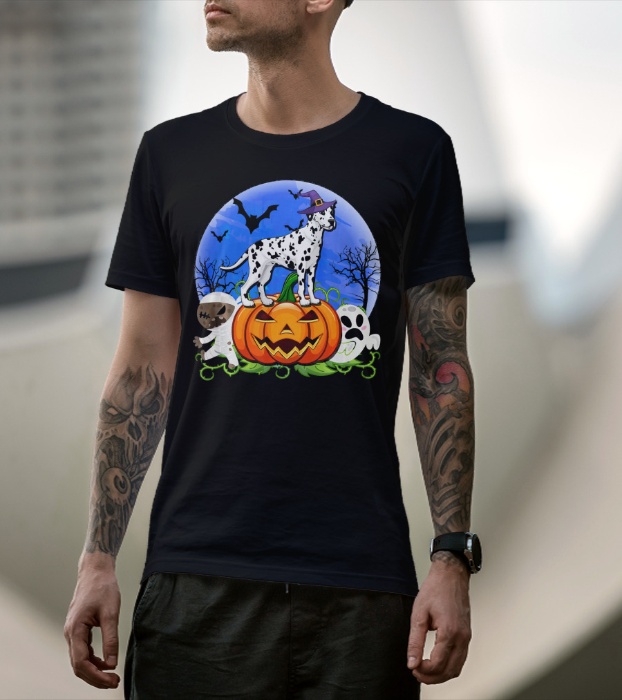 Dalmatian Pumpkin Halloween Mummy Ghost Moon Bats Trees T-Shirt