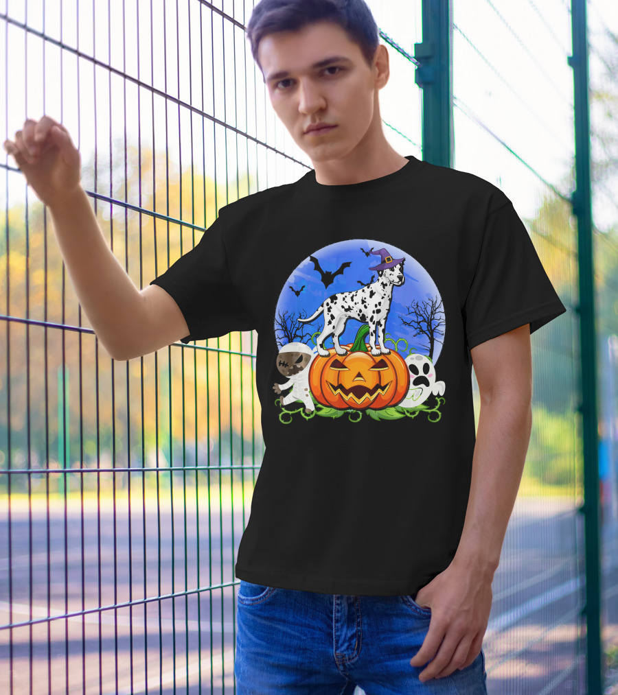 Dalmatian Pumpkin Halloween Mummy Ghost Moon Bats Trees T-Shirt