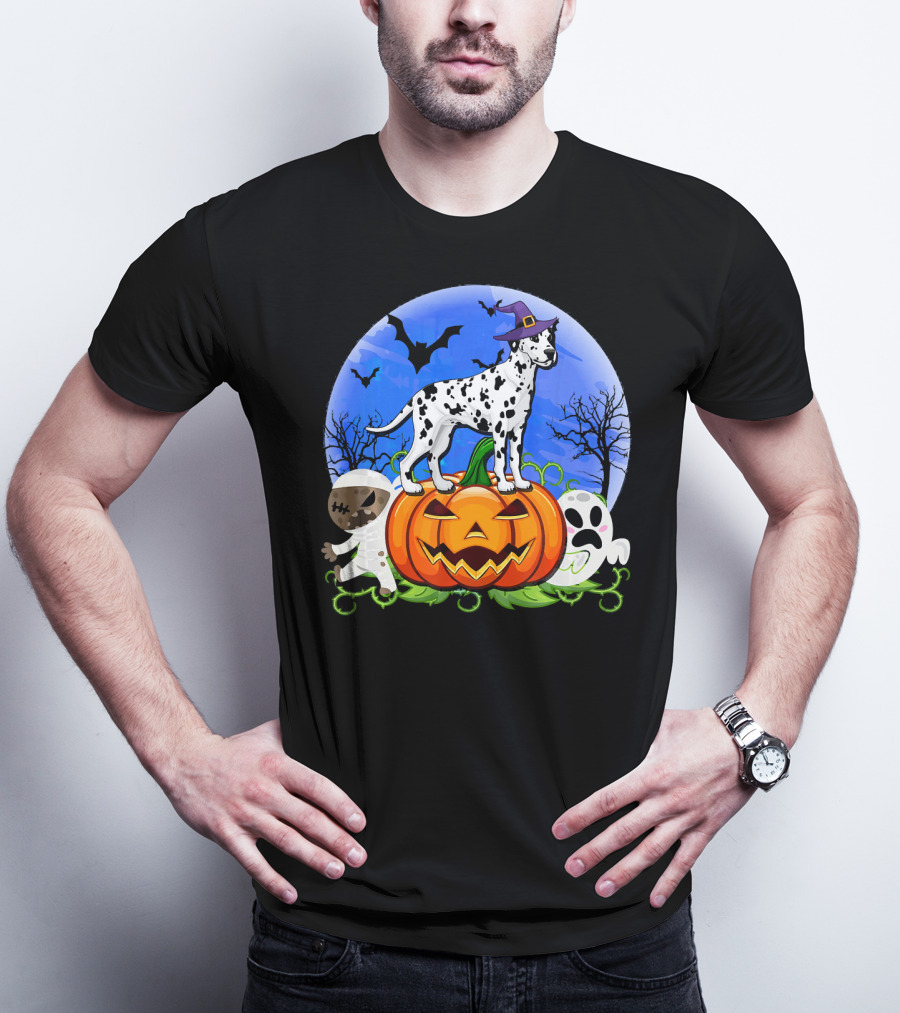 Dalmatian Pumpkin Halloween Mummy Ghost Moon Bats Trees T-Shirt