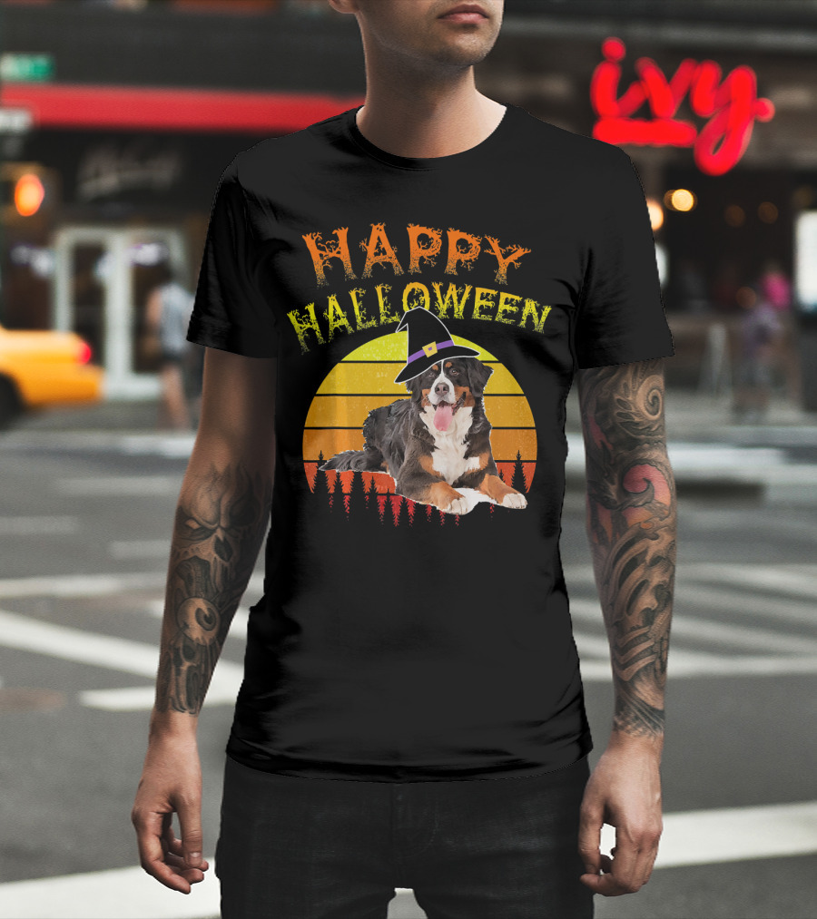 Happy Halloween Bernese Mountain Dog Lover Witch Hat Sunset T-Shirt