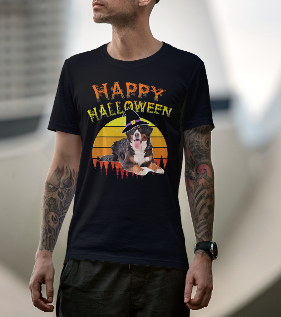 Happy Halloween Bernese Mountain Dog Lover Witch Hat Sunset T-Shirt