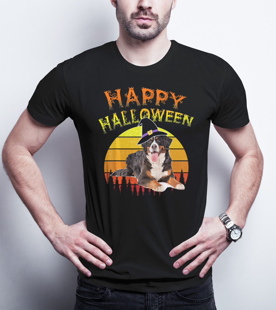 Happy Halloween Bernese Mountain Dog Lover Witch Hat Sunset T-Shirt