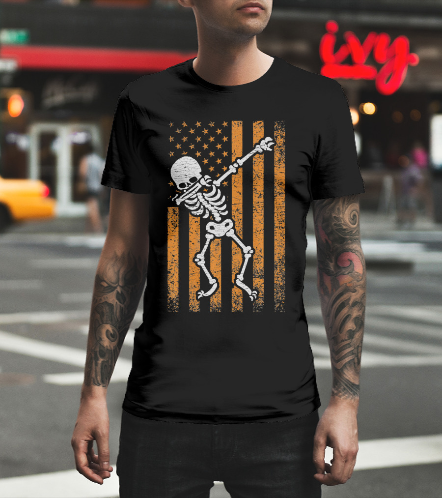 Halloween Dabbing Skeleton American Flag Retro Style Icons T-Shirt