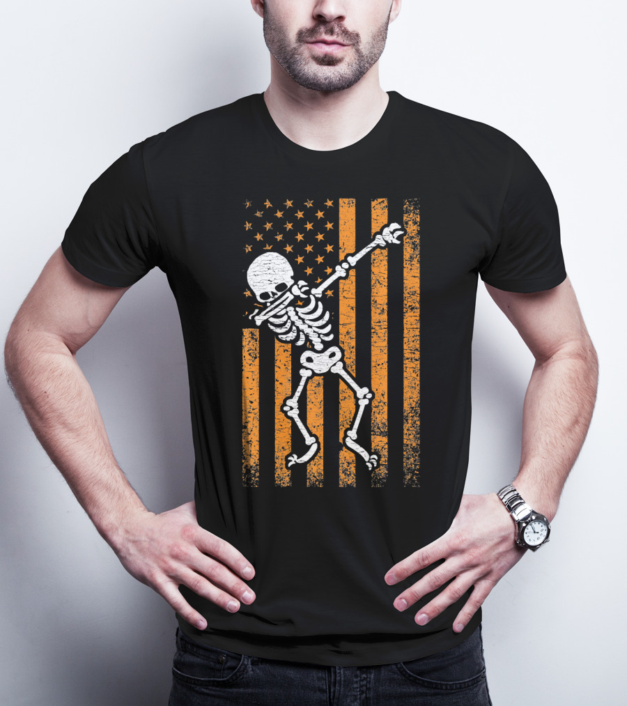 Halloween Dabbing Skeleton American Flag Retro Style Icons T-Shirt