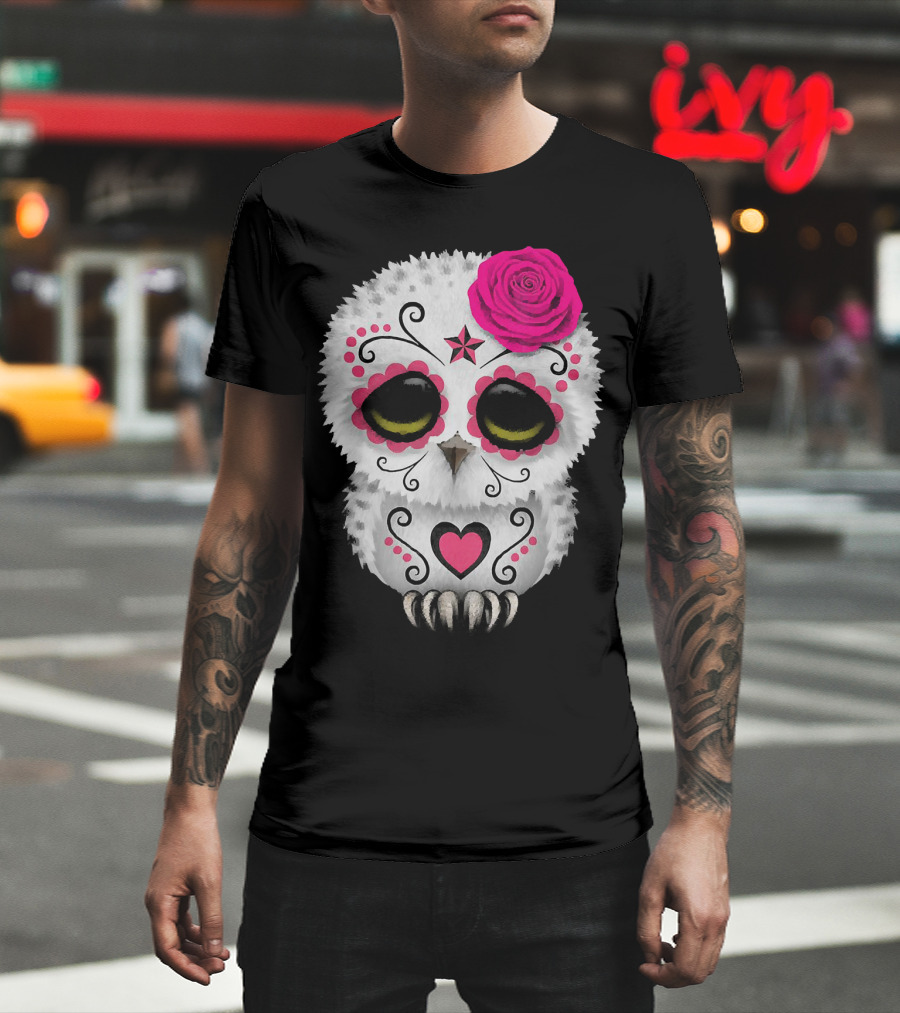 Owl Sugar Skull With Pink Rose And Heart Motif T-Shirt