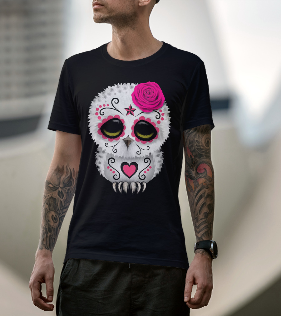 Owl Sugar Skull With Pink Rose And Heart Motif T-Shirt