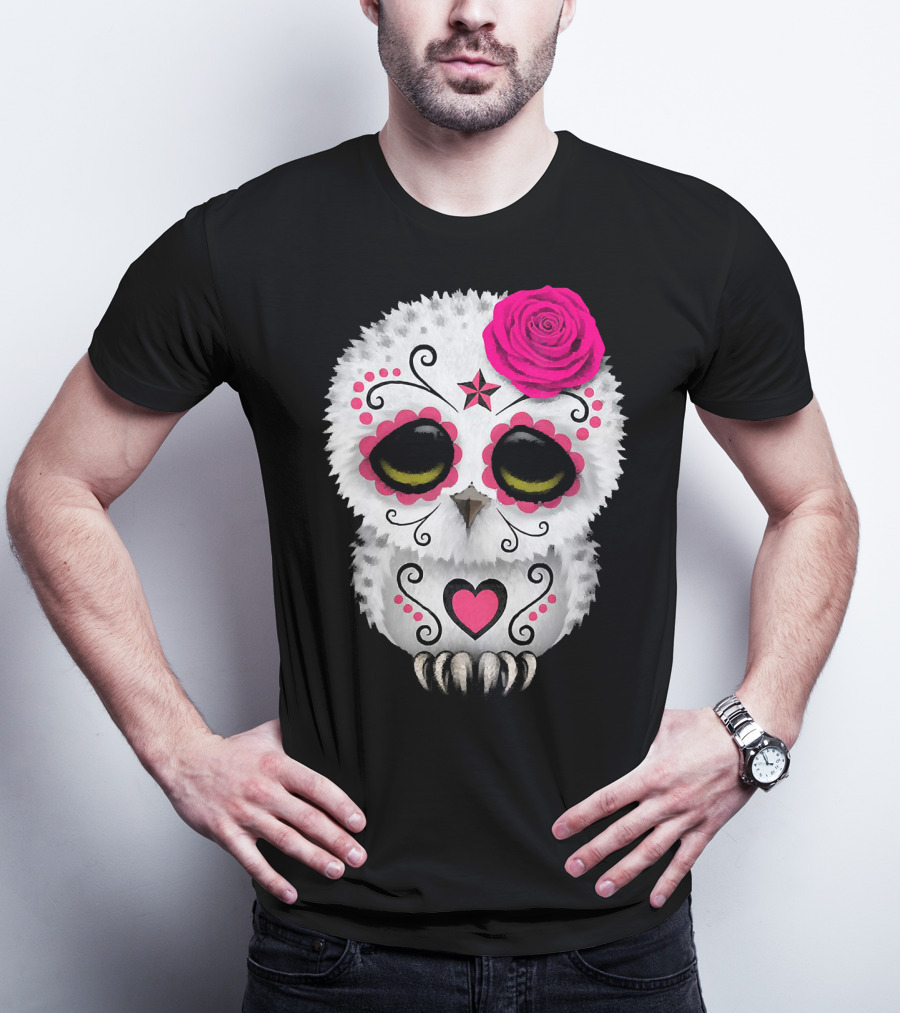 Owl Sugar Skull With Pink Rose And Heart Motif T-Shirt