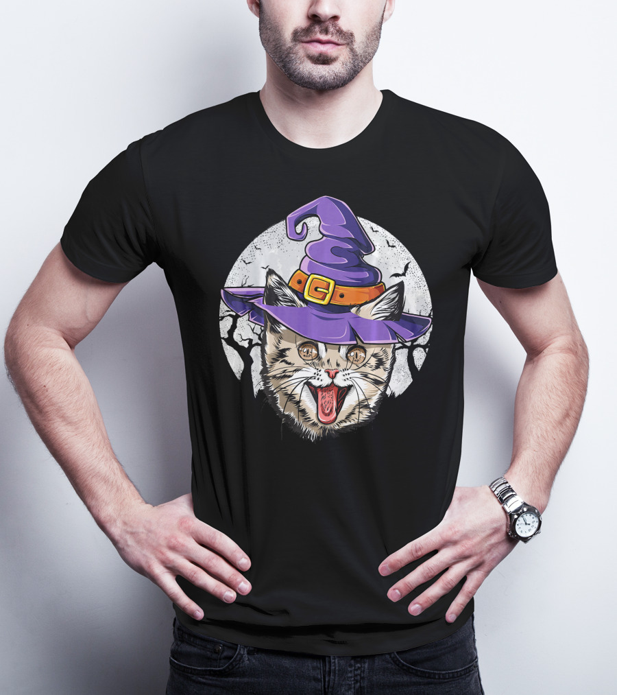 Funny Halloween Witch Cat With Purple Hat And Moon Background T-Shirt