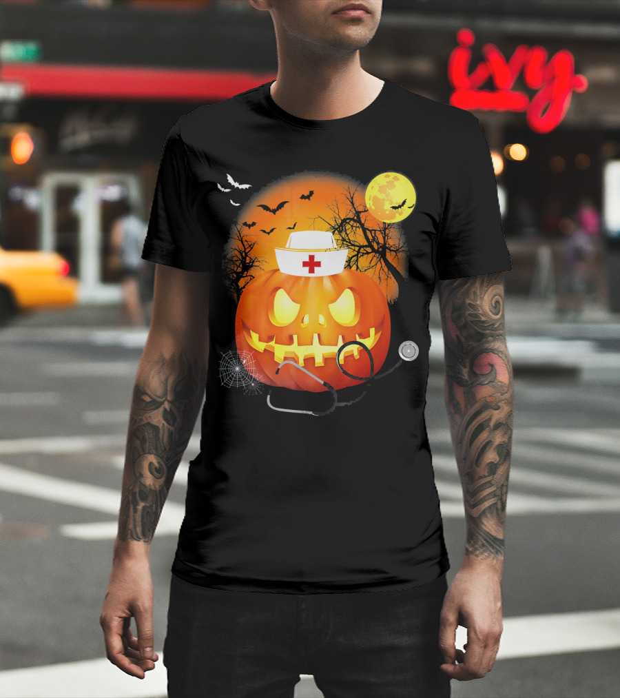Nurse Halloween Pumpkin With Stethoscope And Bats T-Shirt