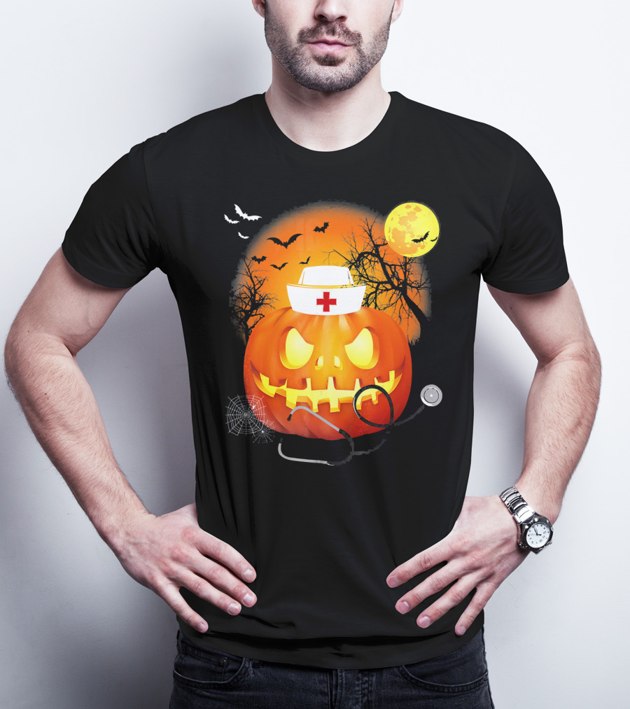 Nurse Halloween Pumpkin With Stethoscope And Bats T-Shirt