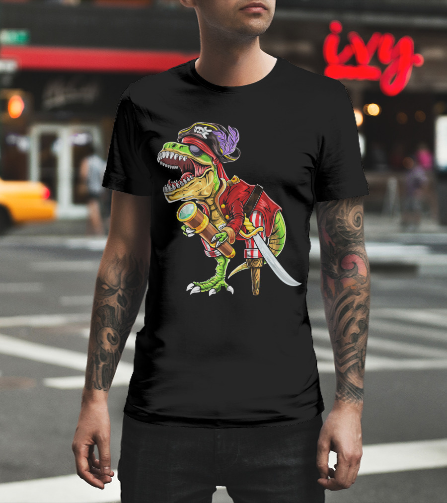 Pirate Dinosaur With Telescope And Peg Leg In Halloween Costume T-Shirt