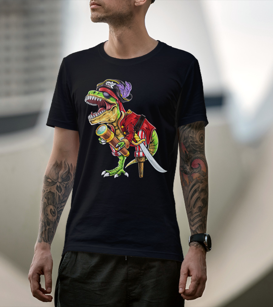 Pirate Dinosaur With Telescope And Peg Leg In Halloween Costume T-Shirt