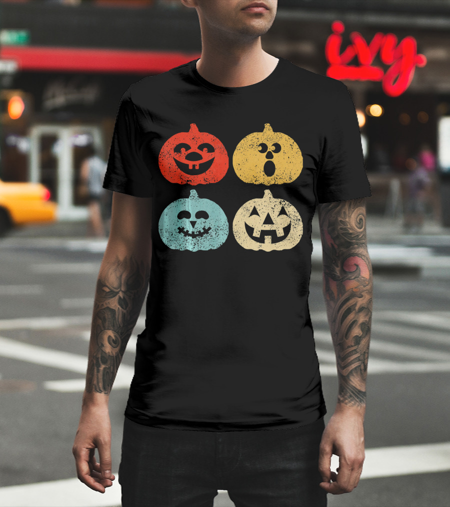 Vintage Halloween Pumpkin Women Retro Colorful Jack-O'-Lantern Faces T-Shirt