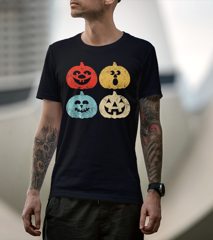 Vintage Halloween Pumpkin Women Retro Colorful Jack-O'-Lantern Faces T-Shirt