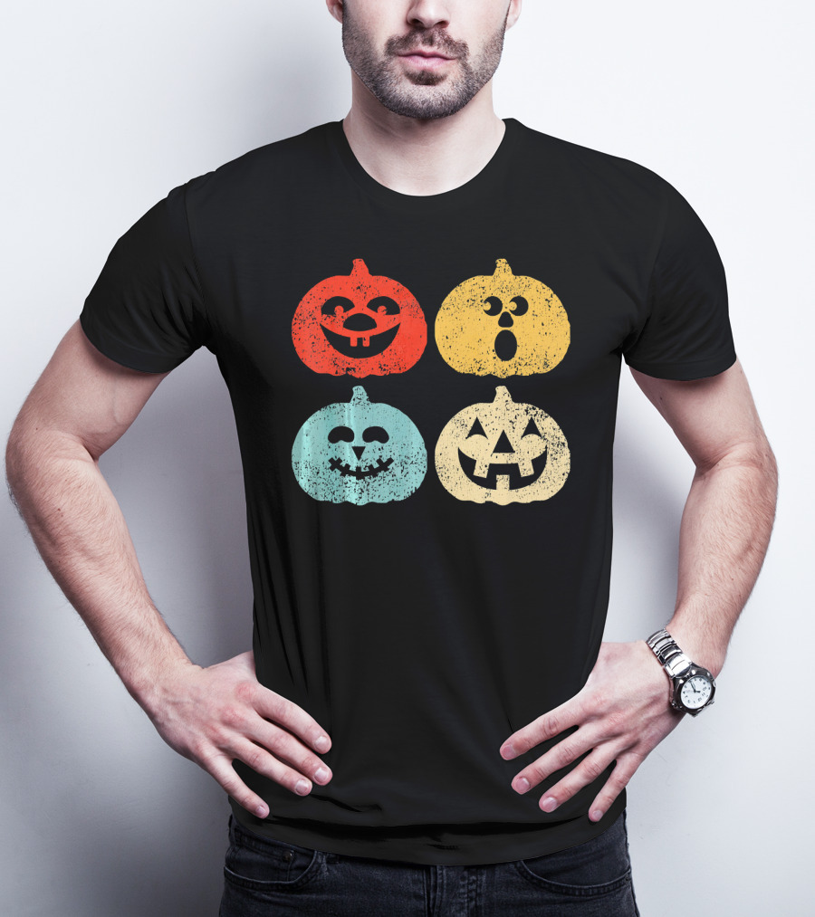 Vintage Halloween Pumpkin Women Retro Colorful Jack-O'-Lantern Faces T-Shirt