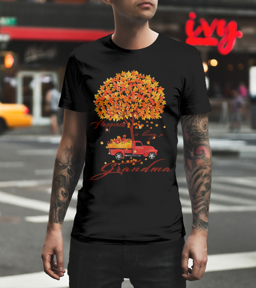 Happiness Is Being A Grandma Autumn Tree With Pumpkins Truck T-Shirt