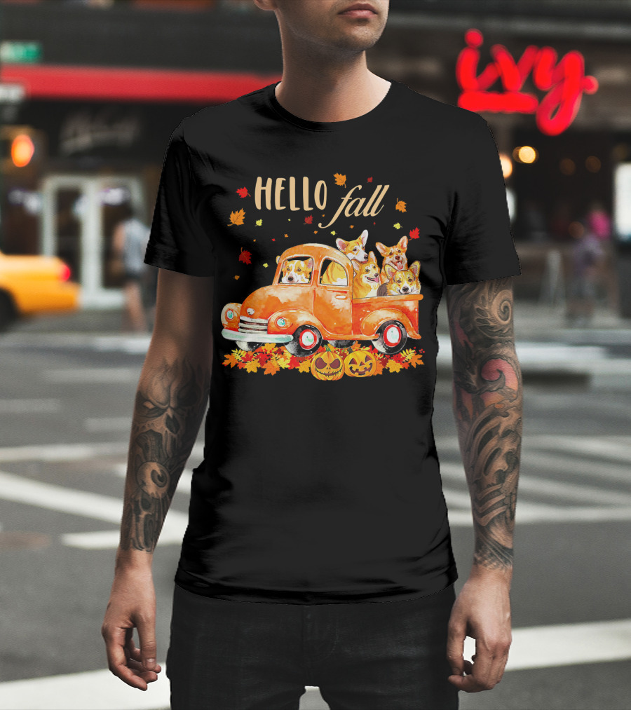 Hello Fall Corgis In Pumpkin Truck With Autumn Leaves And Jack-O'-Lanterns T-Shirt
