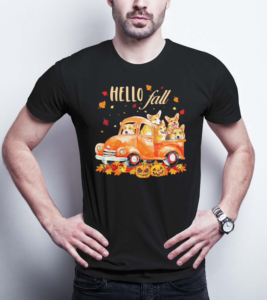 Hello Fall Corgis In Pumpkin Truck With Autumn Leaves And Jack-O'-Lanterns T-Shirt
