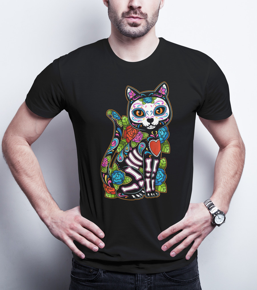 Cat Sugar Skull Calavera Mexico Dia De T-Shirt