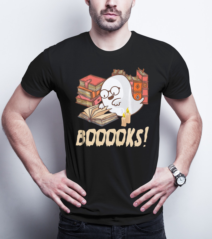 BOOOOKS Cute Reading Boo Ghost With Stacks Of Books And Candles T-Shirt
