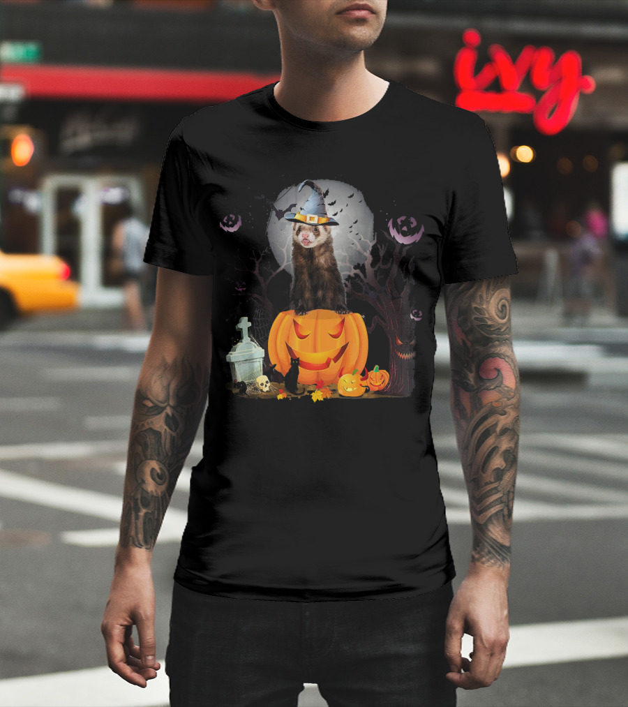 Funny Halloween Ferret With Pumpkin And Witch Hat T-Shirt