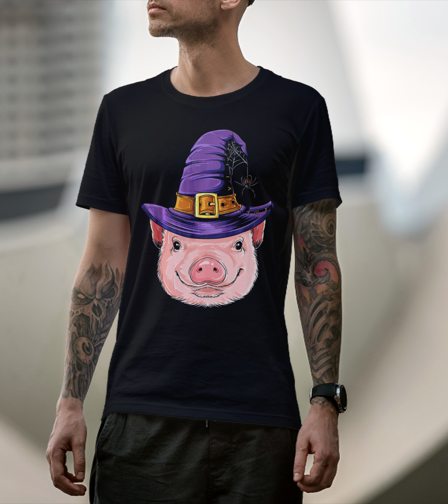 Pig In Witch Hat With Spider And Web Halloween T-Shirt