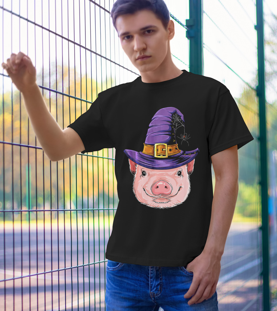 Pig In Witch Hat With Spider And Web Halloween T-Shirt