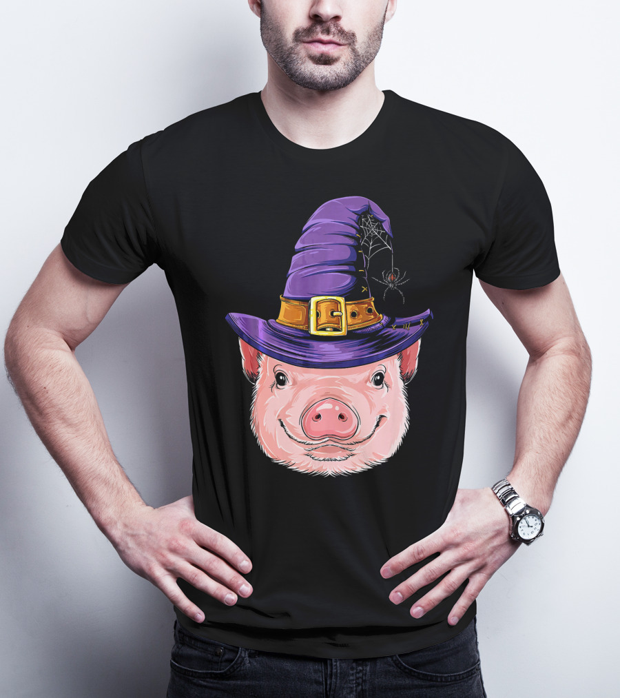 Pig In Witch Hat With Spider And Web Halloween T-Shirt