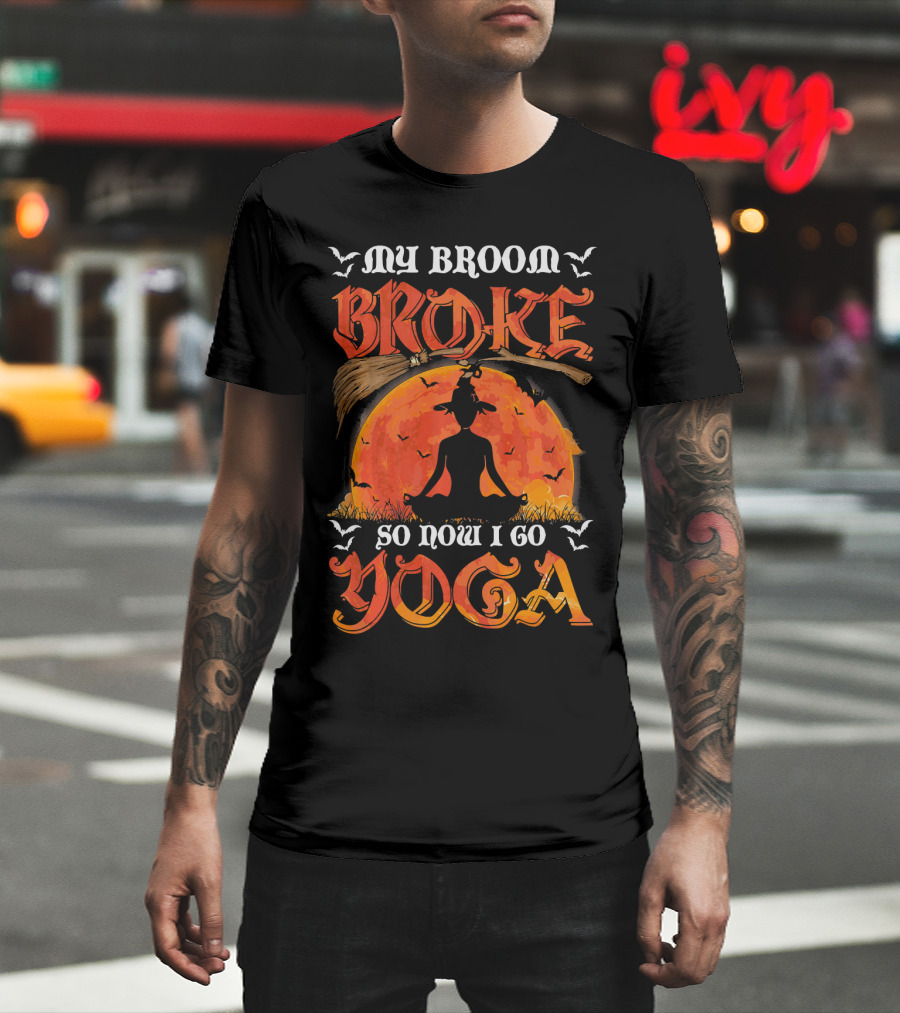 My Broom Broke So Now I Go Yoga Halloween Moon Meditation Bats T-Shirt