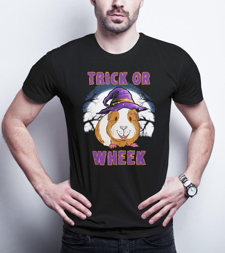 Trick Or Wheek Halloween Guinea Pig With Witch Hat And Moon Background T-Shirt