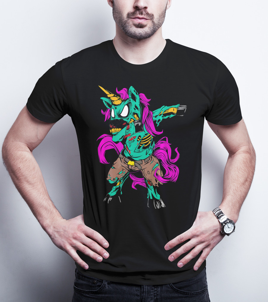 Scary Dabbing Zombie Unicorn With Pink Mane And Torn Clothing T-Shirt