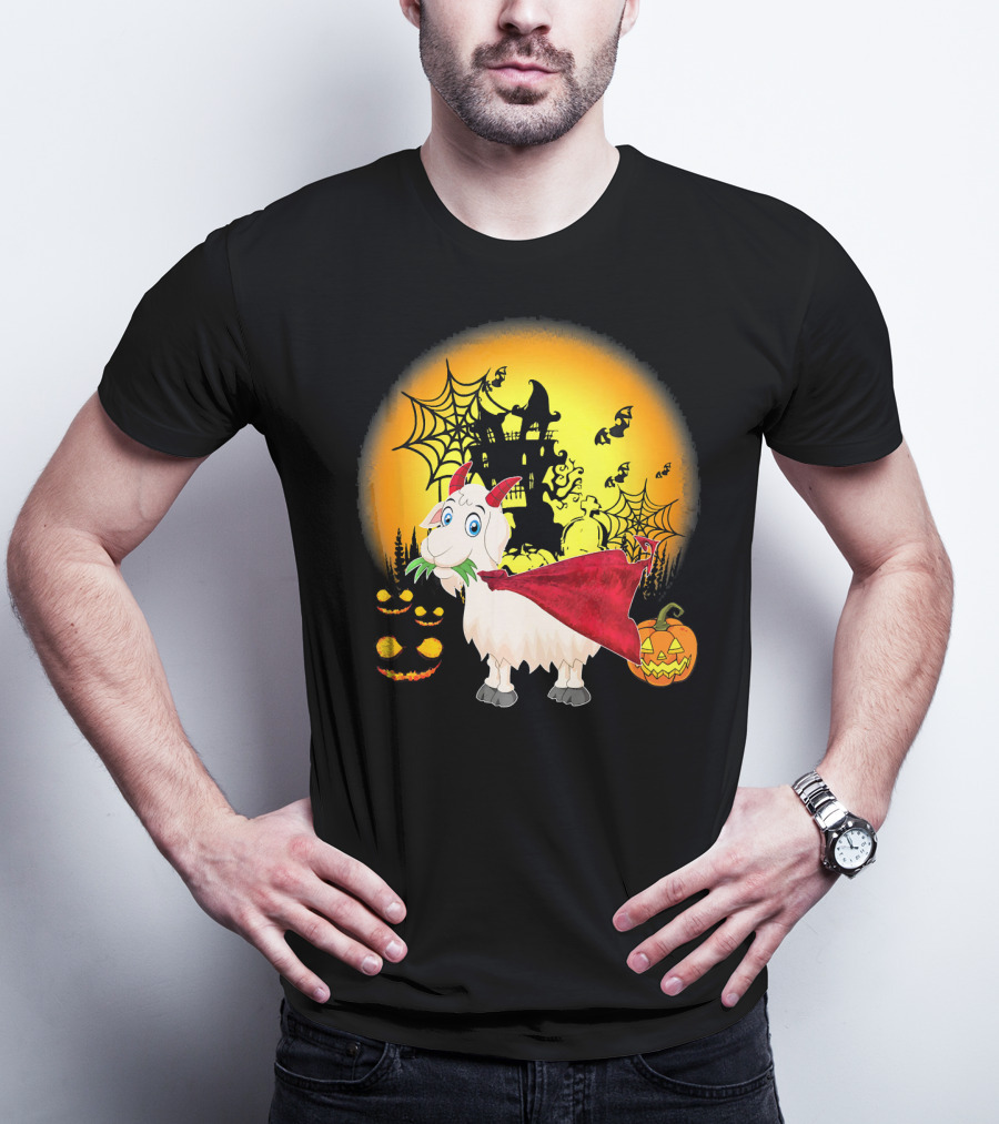 Funny Goat Halloween Cape Haunted House Pumpkins Spooky Night T-Shirt