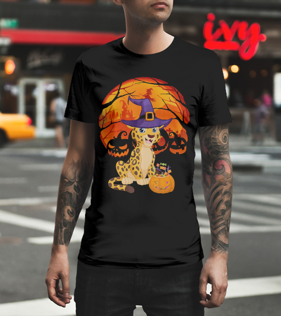 Halloween Costume Leo Witch Hat Leopard Jack-o'-Lantern Moon Shadows T-Shirt