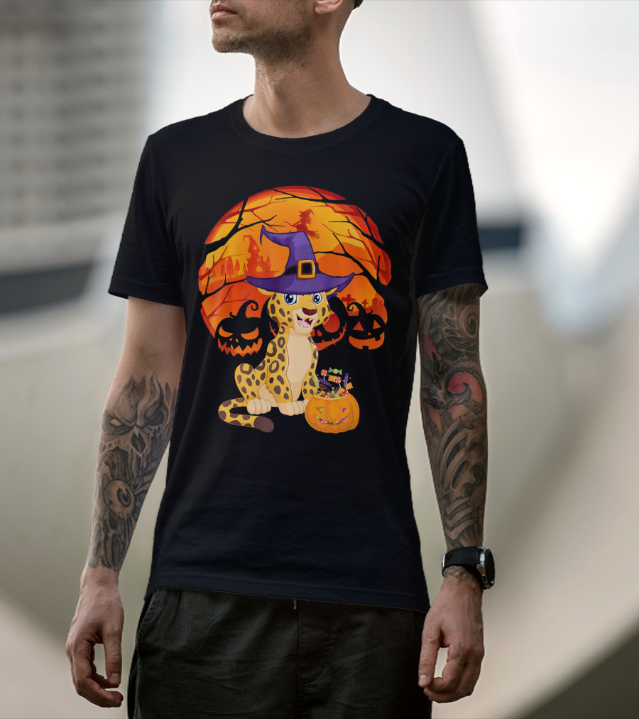 Halloween Costume Leo Witch Hat Leopard Jack-o'-Lantern Moon Shadows T-Shirt