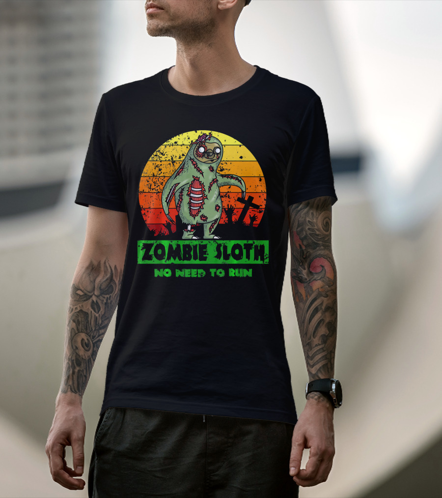 Zombie Sloth No Need To Run Sunset Cemetery Background T-Shirt