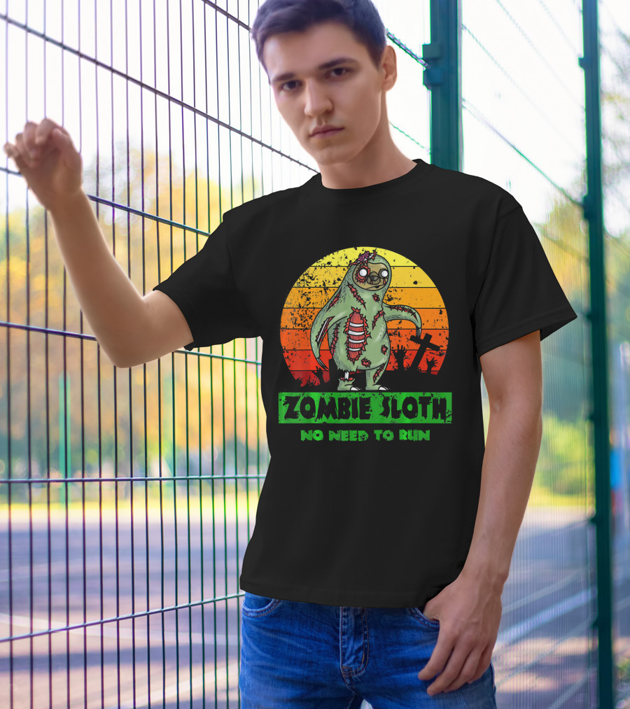 Zombie Sloth No Need To Run Sunset Cemetery Background T-Shirt