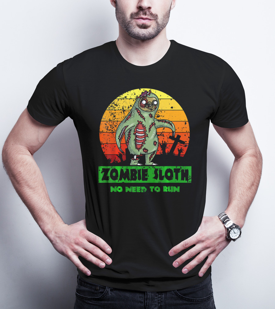 Zombie Sloth No Need To Run Sunset Cemetery Background T-Shirt