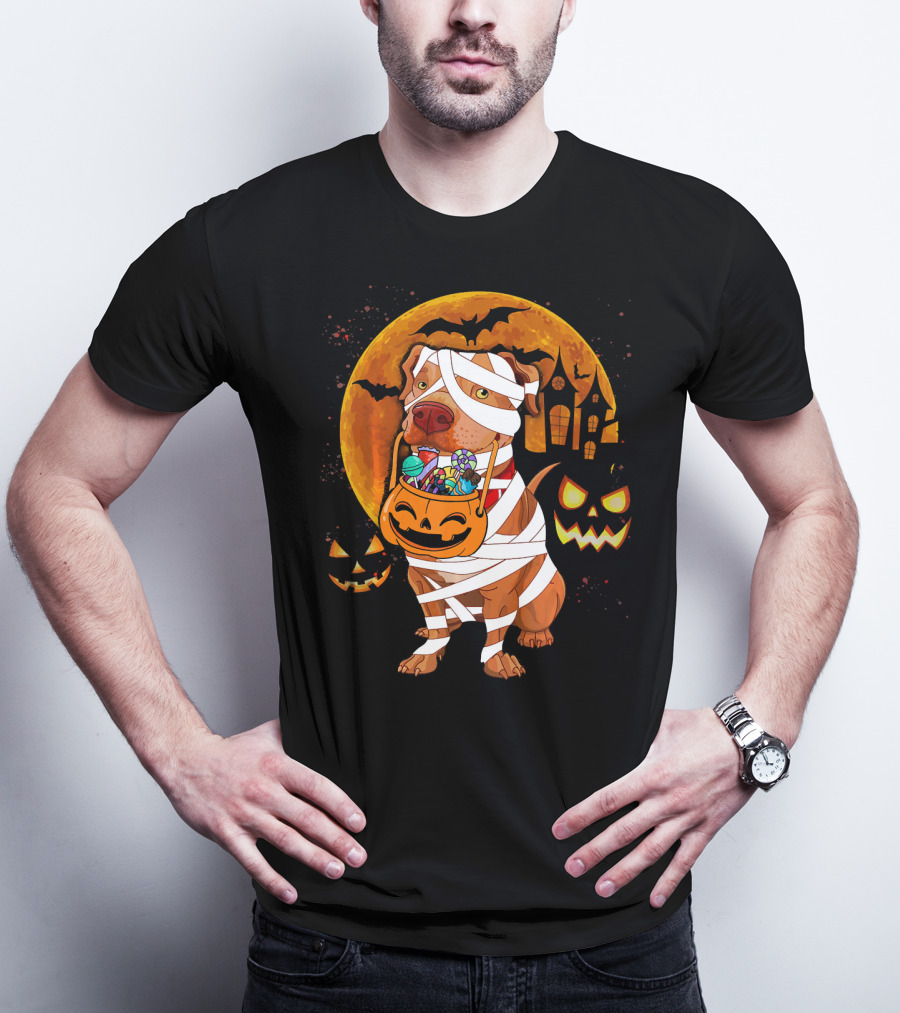 Funny Halloween Mummy Pitbull Boo Dog With Pumpkin Candy And Scary Moon T-Shirt