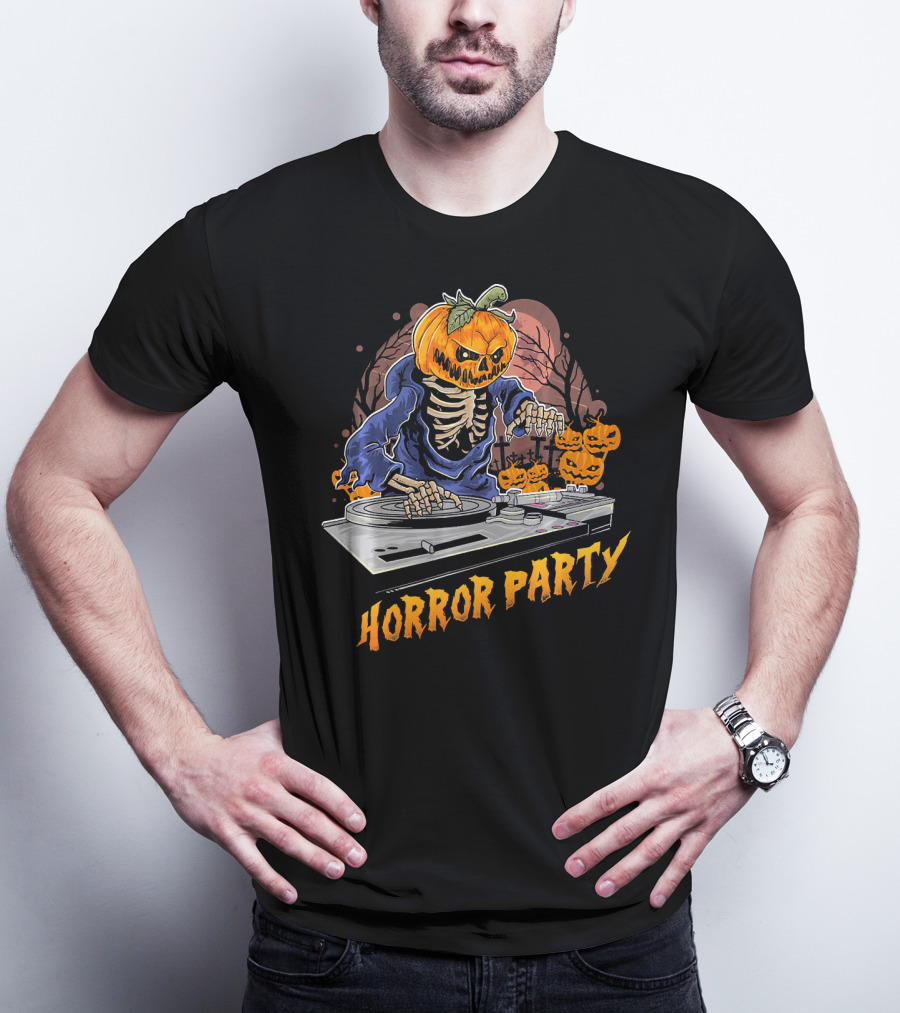 Horror Party Skeleton Pumpkin Head DJ Turntable Halloween Vibes T-Shirt