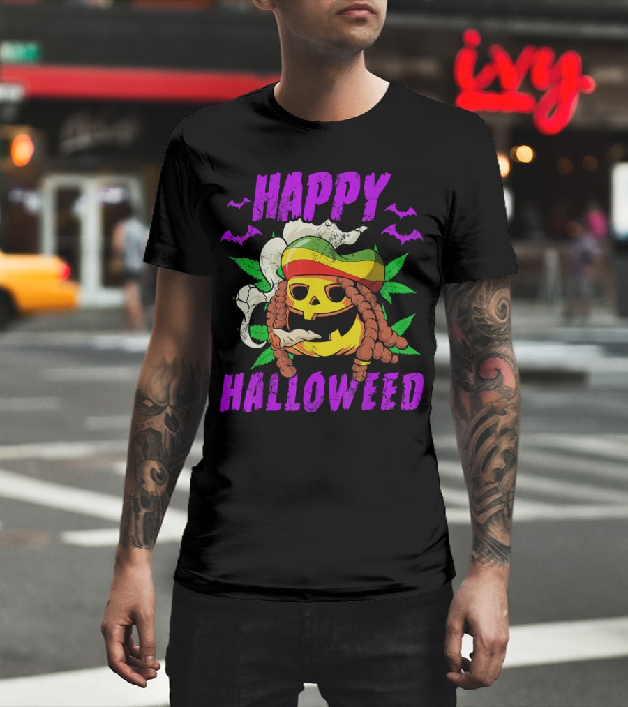 Happy Halloweed Rasta Pumpkin Smoking Weed With Bats And Jamaican Colors T-Shirt
