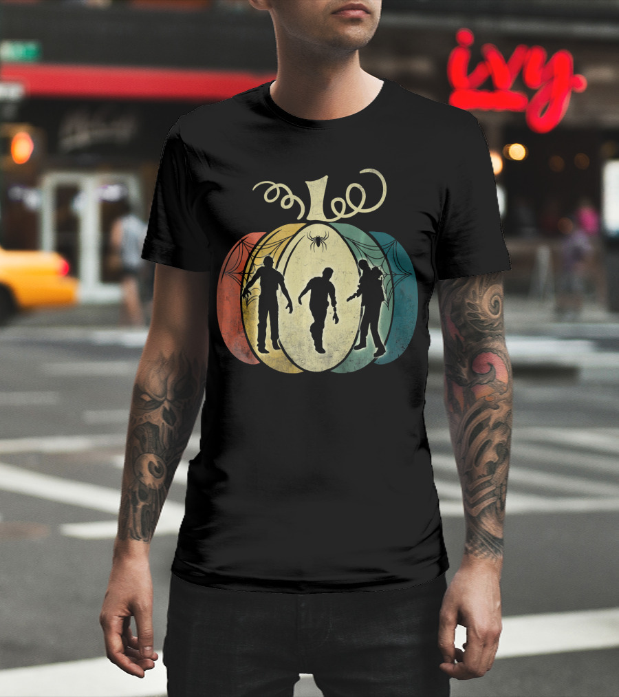 Pumpkin With Zombie Silhouettes And Spider Webs T-Shirt