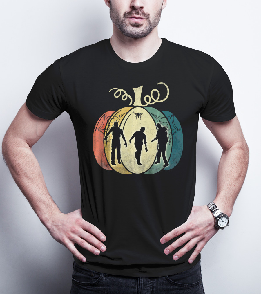 Pumpkin With Zombie Silhouettes And Spider Webs T-Shirt